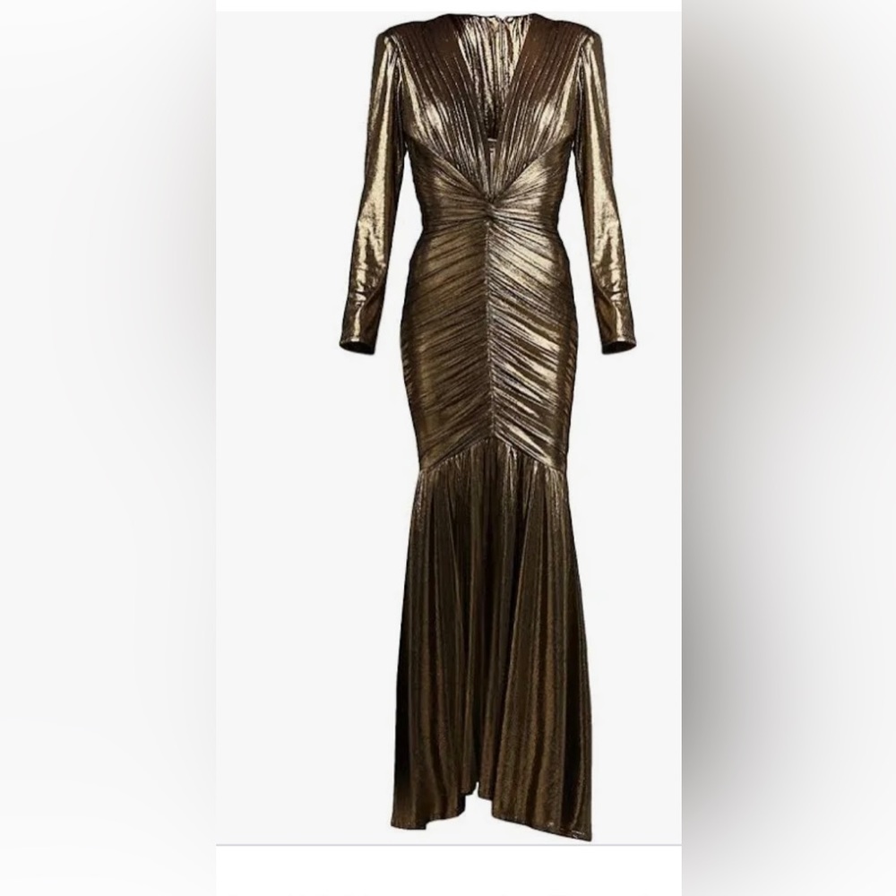 Tadashi Shoji- Ruched Deep V-Neck Gold Metallic Jerse… - Gem